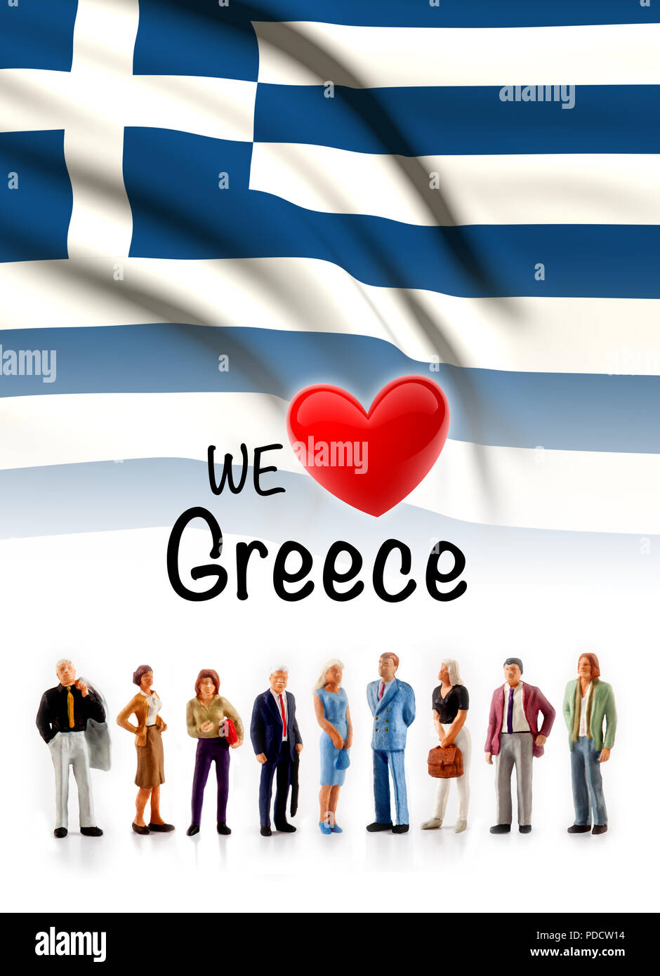 we love Greece, A group of people pose next to the Greek flag Stock ...