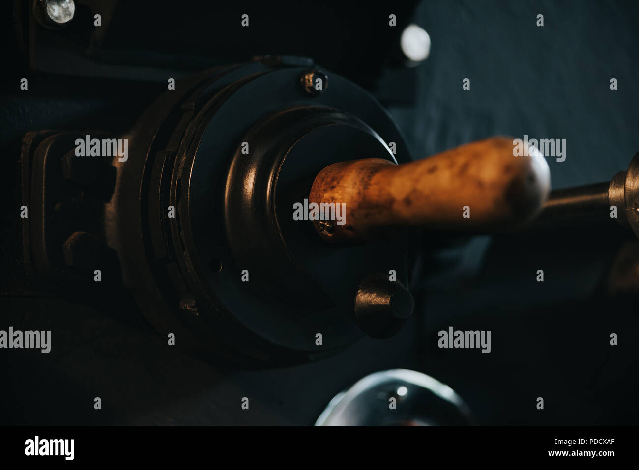 Wooden handle of machine for professional coffee production Stock Photo ...