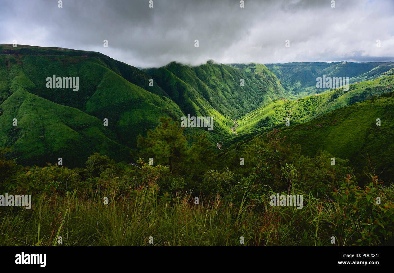 Monsoon clouds gather over the rolling landscape of the Khasi hills ...