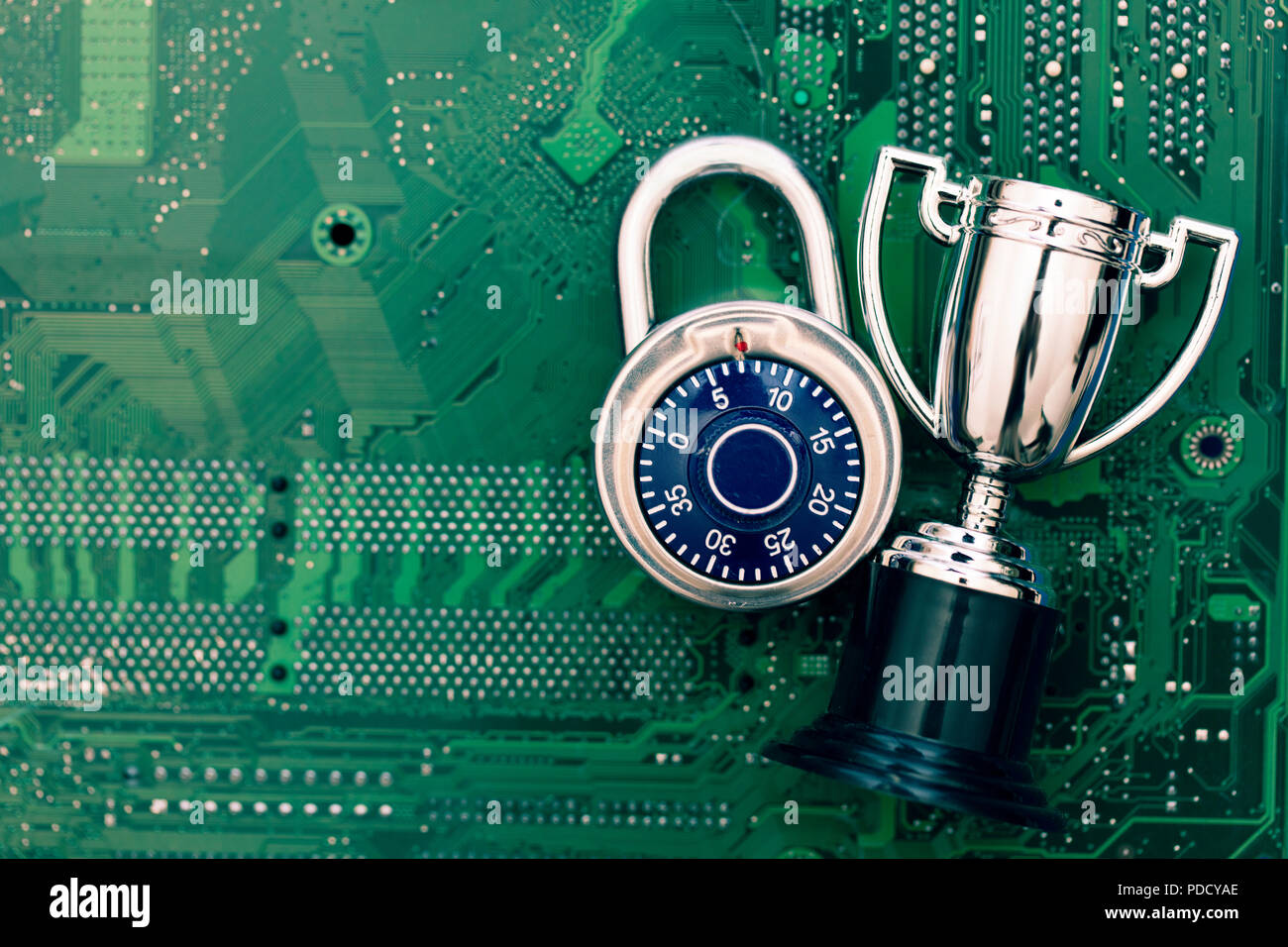 Data security expert. Padlock and trophy on a computer electronic ...