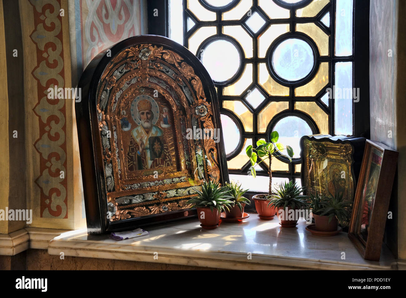 = Old Icons and Flowers on the Window Sill = The beautiful richly ...