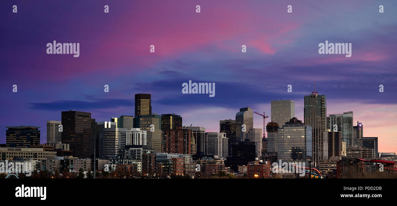 Panoramic picture of Denver skyline at sunset Colorado, USA Stock Photo ...