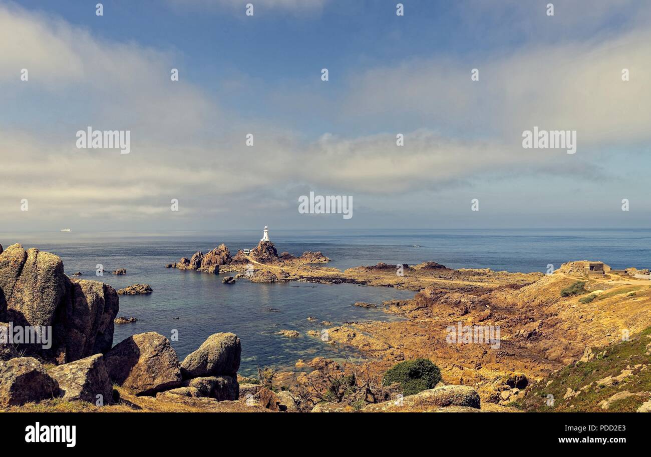 A view of La Corbiere lighthouse in Jersey. A wartime bunker is in the ...