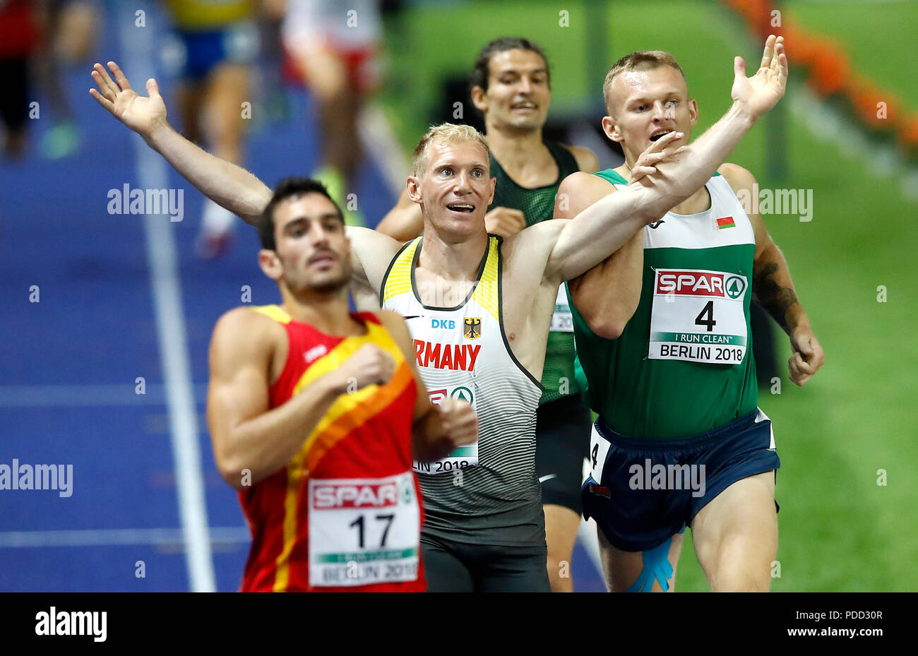 Germany's Niklas Kaul (centre) celebrates after competing in the Men's ...