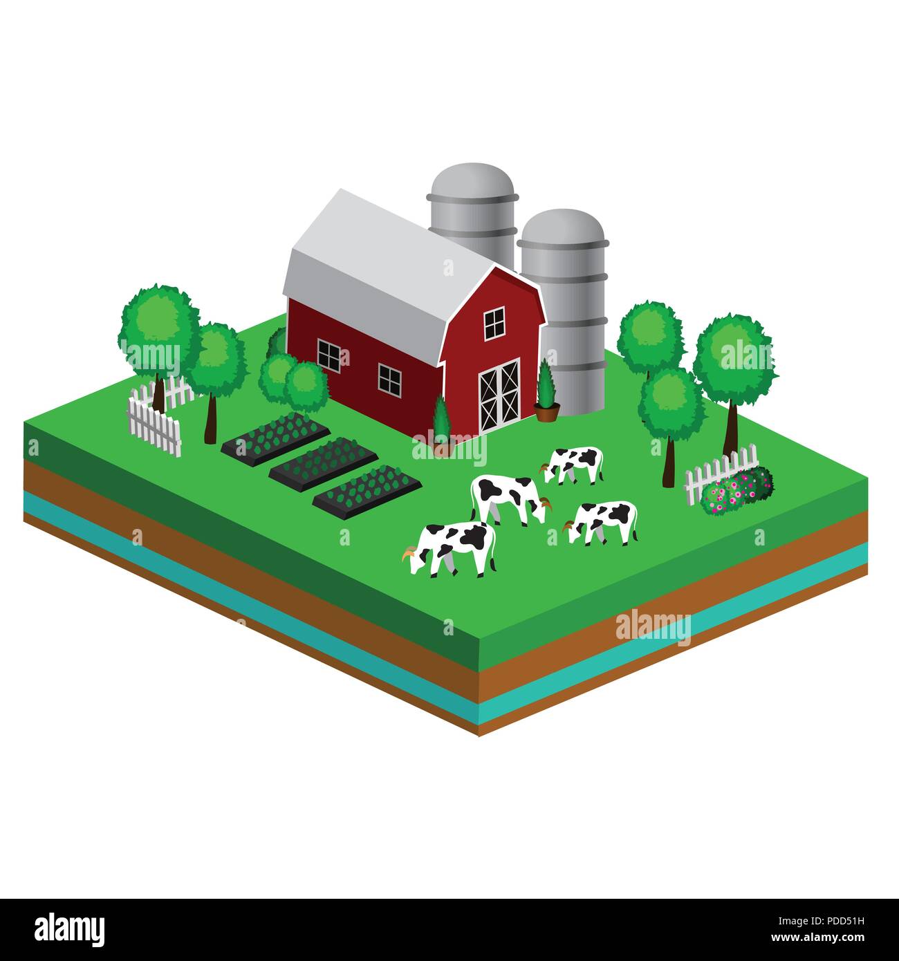 Isometric Red Barn And Trees cows vector illustration Stock Vector ...