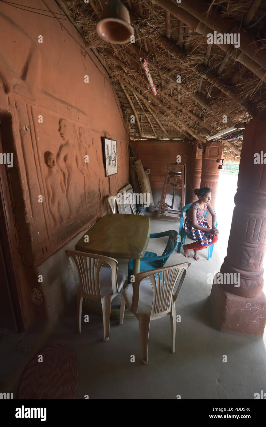 Tribal mud hut veranda of Bonerpukurdanga - a Santali village at Bolpur ...