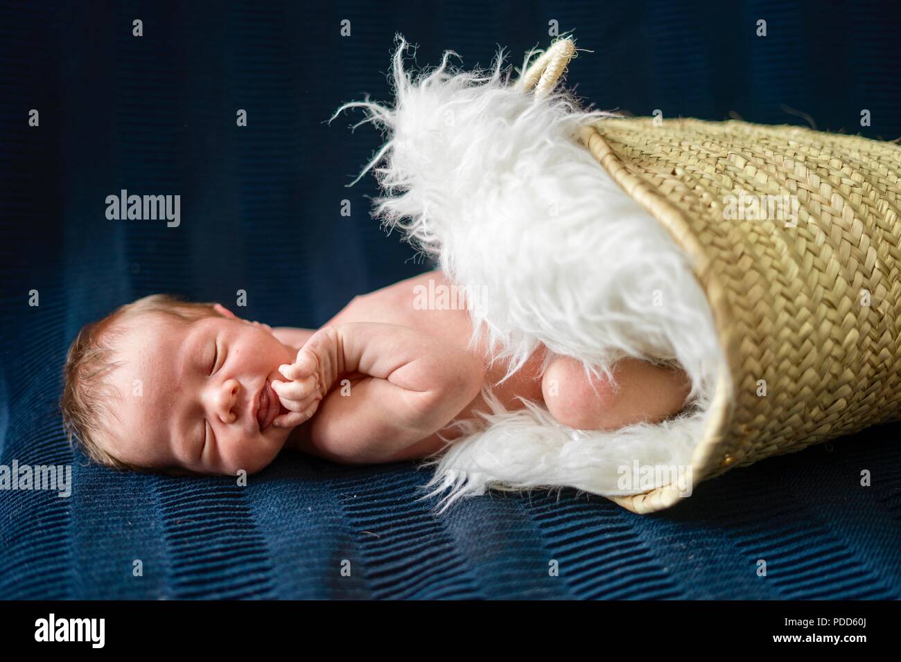 A cute newborn baby boy sleeping in the basket Stock Photo - Alamy