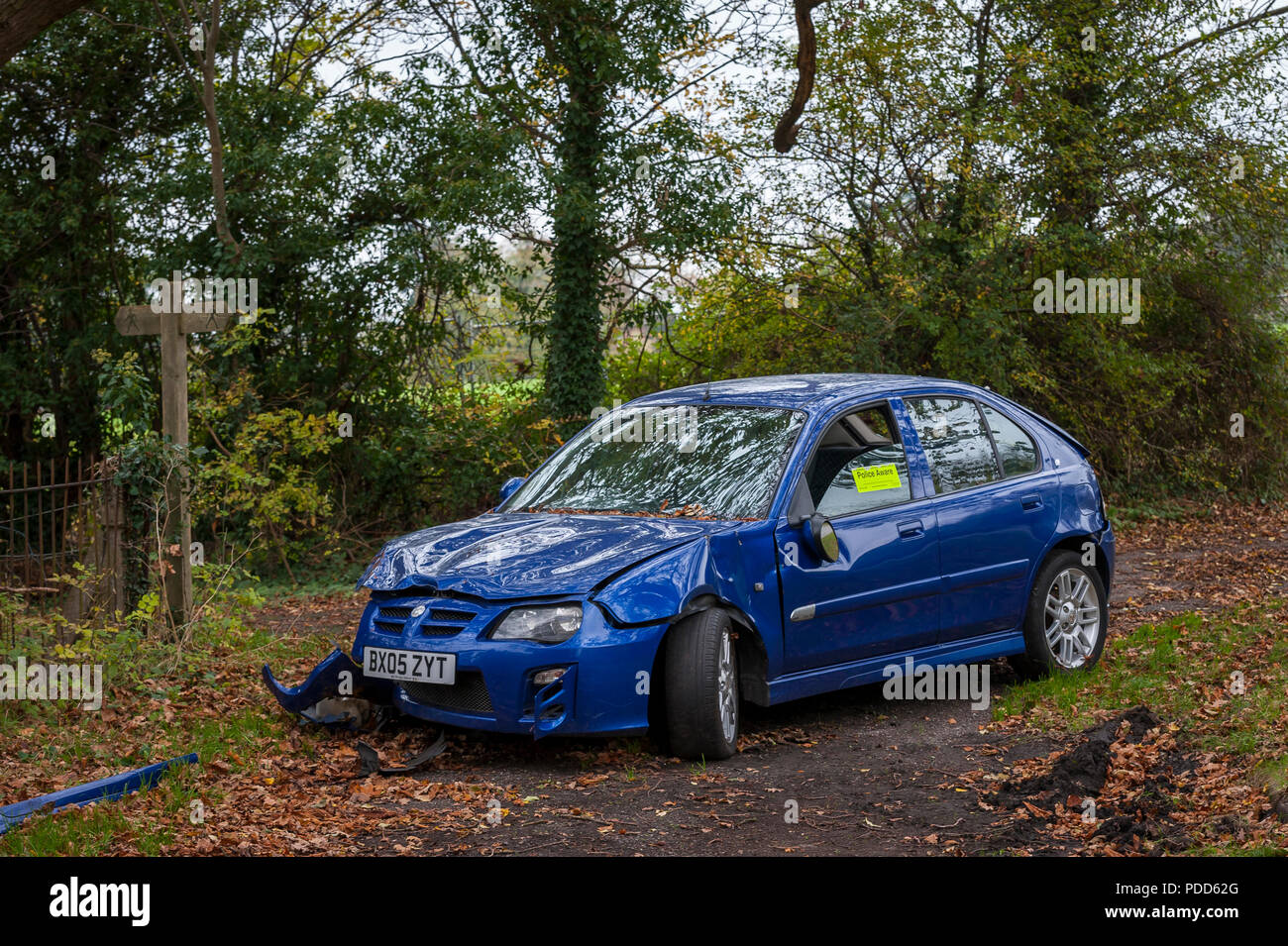 Police Aware sticker on an abandoned crashed vehicle Stock Photo - Alamy