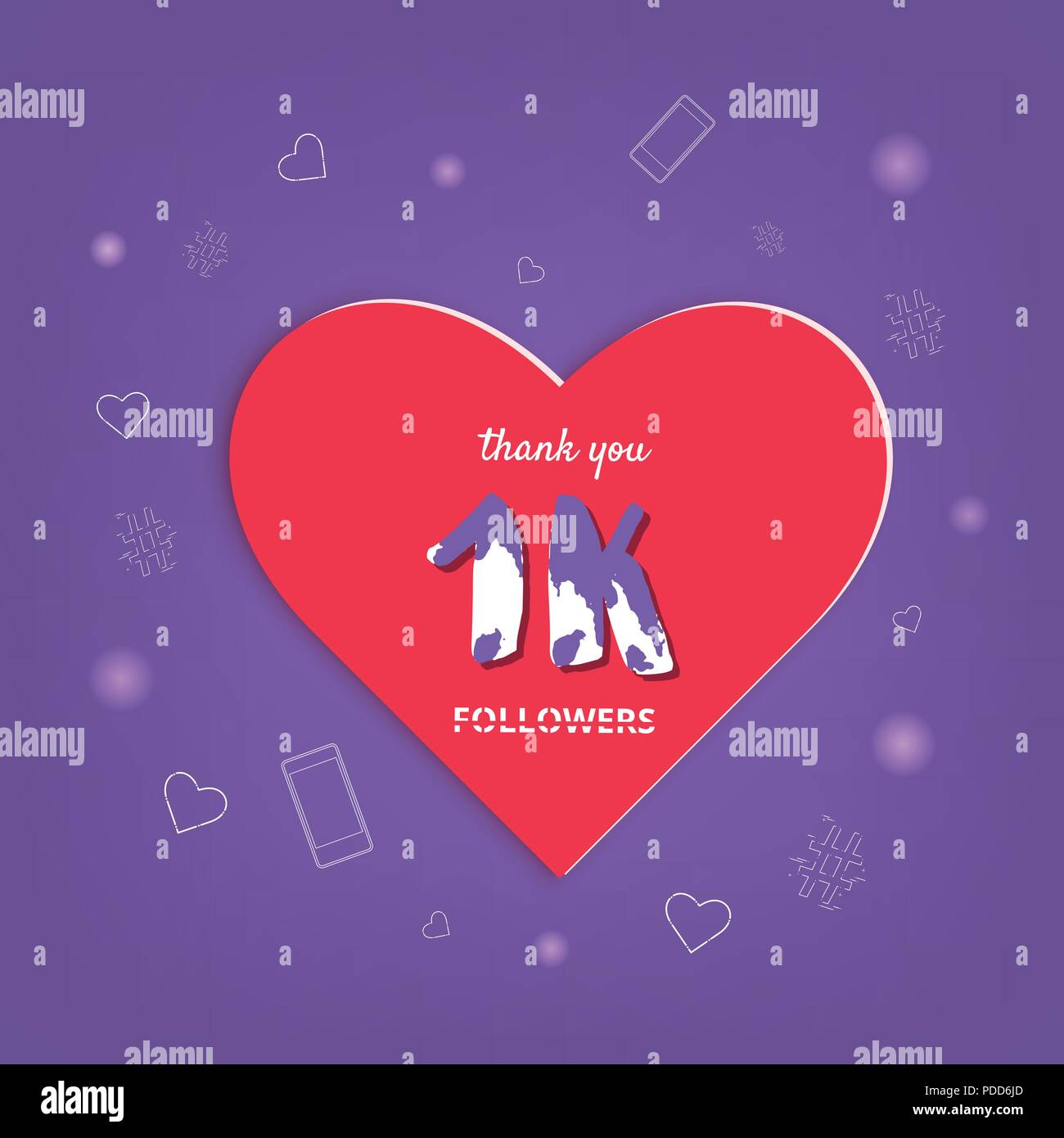 1K followers thank you post with heart shape and decoration. 1000 subscribers celebration banner ...