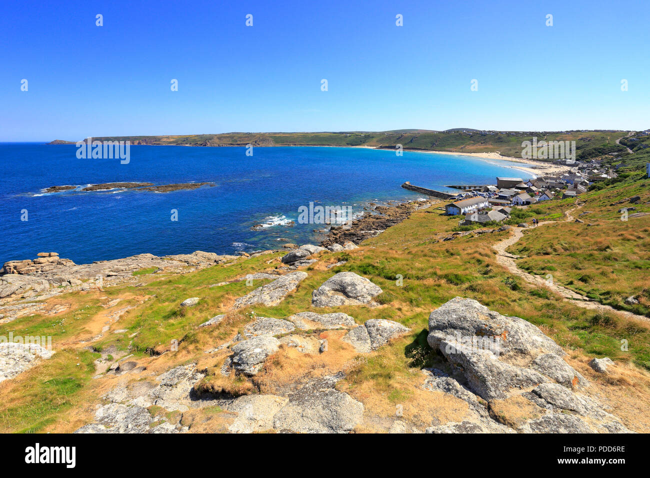 Sennen Cove, Whitesands Bay and distant Cape Cornwall from Mayon Cliff ...