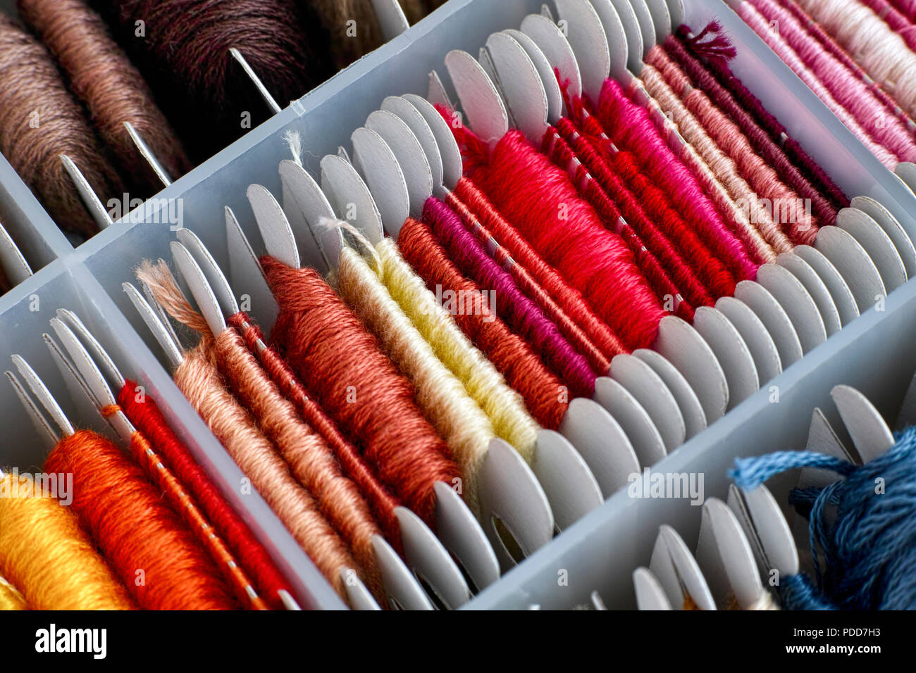 Colored embroidery threads sorting in box. Close-up Stock Photo - Alamy