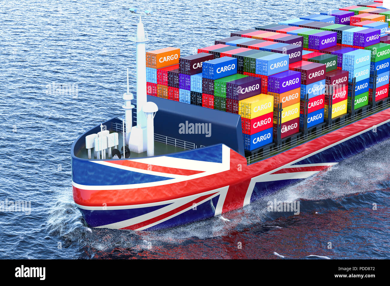 British freighter ship with cargo containers sailing in ocean, 3D ...