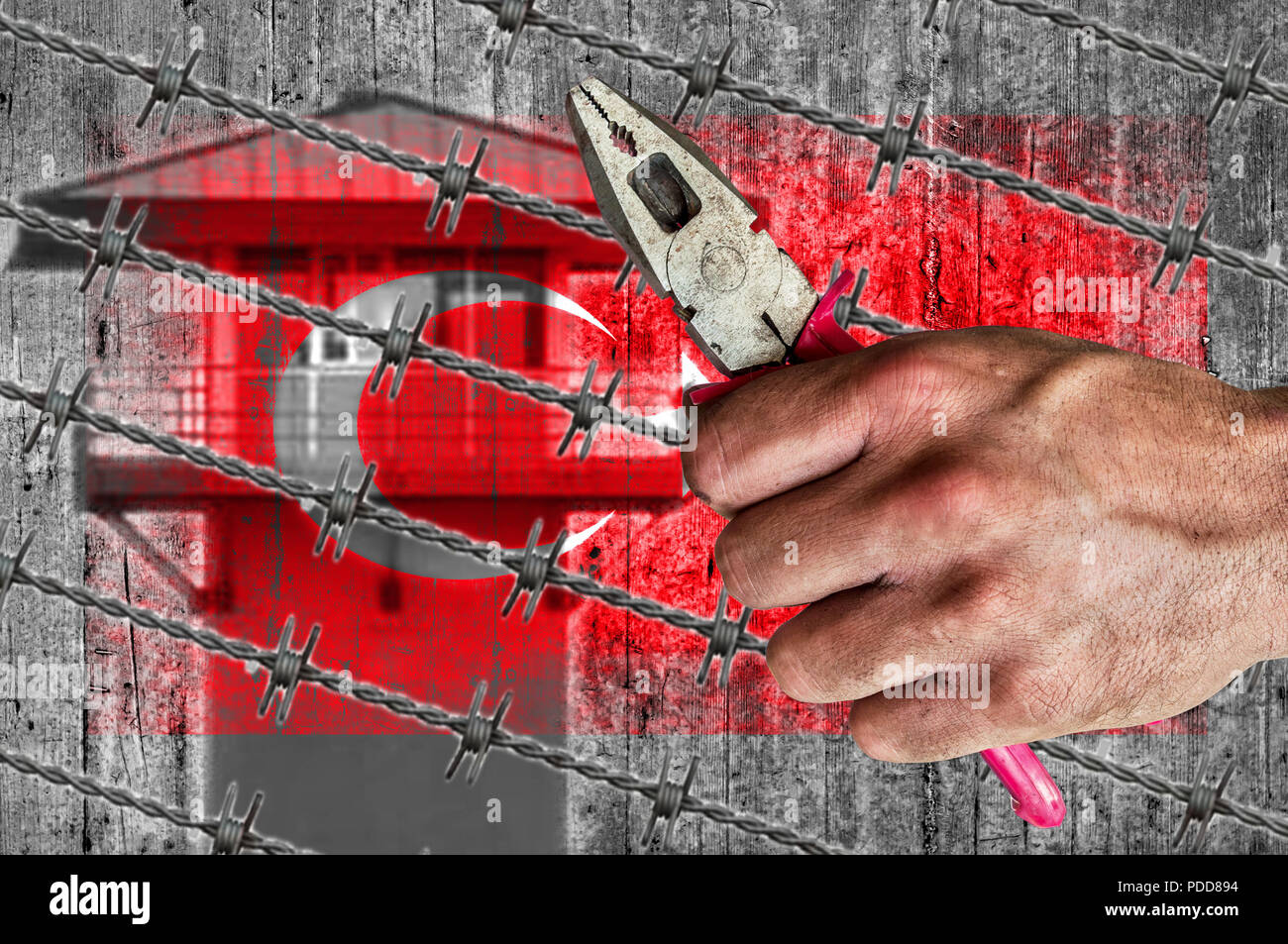 Turkey flag, STOP sign, migrants and barb wire with pliers Stock Photo ...