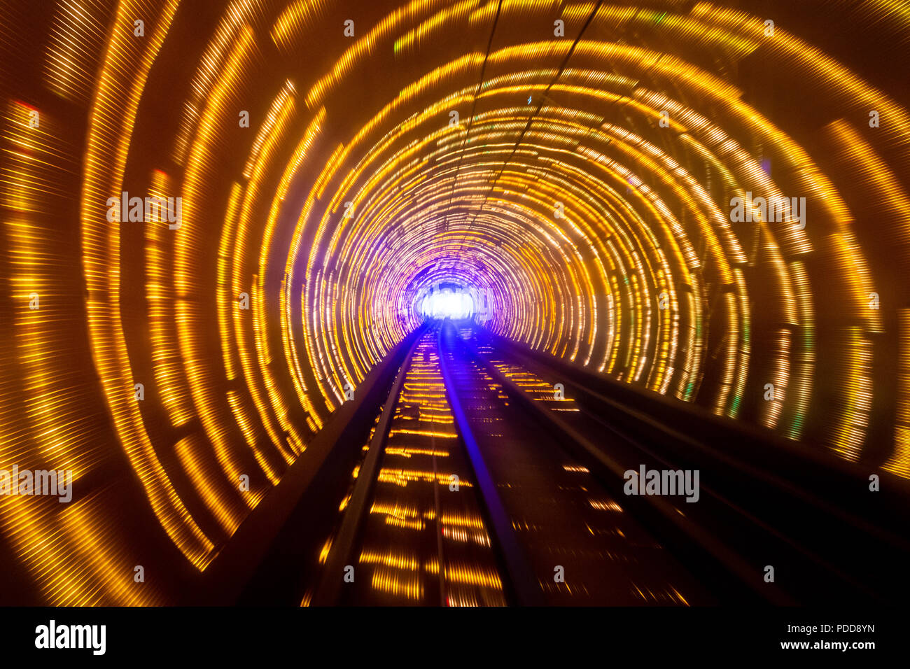 Light streaks. Long exposure from train passing through Bund Sightseeing Tunnel in Shanghai ...
