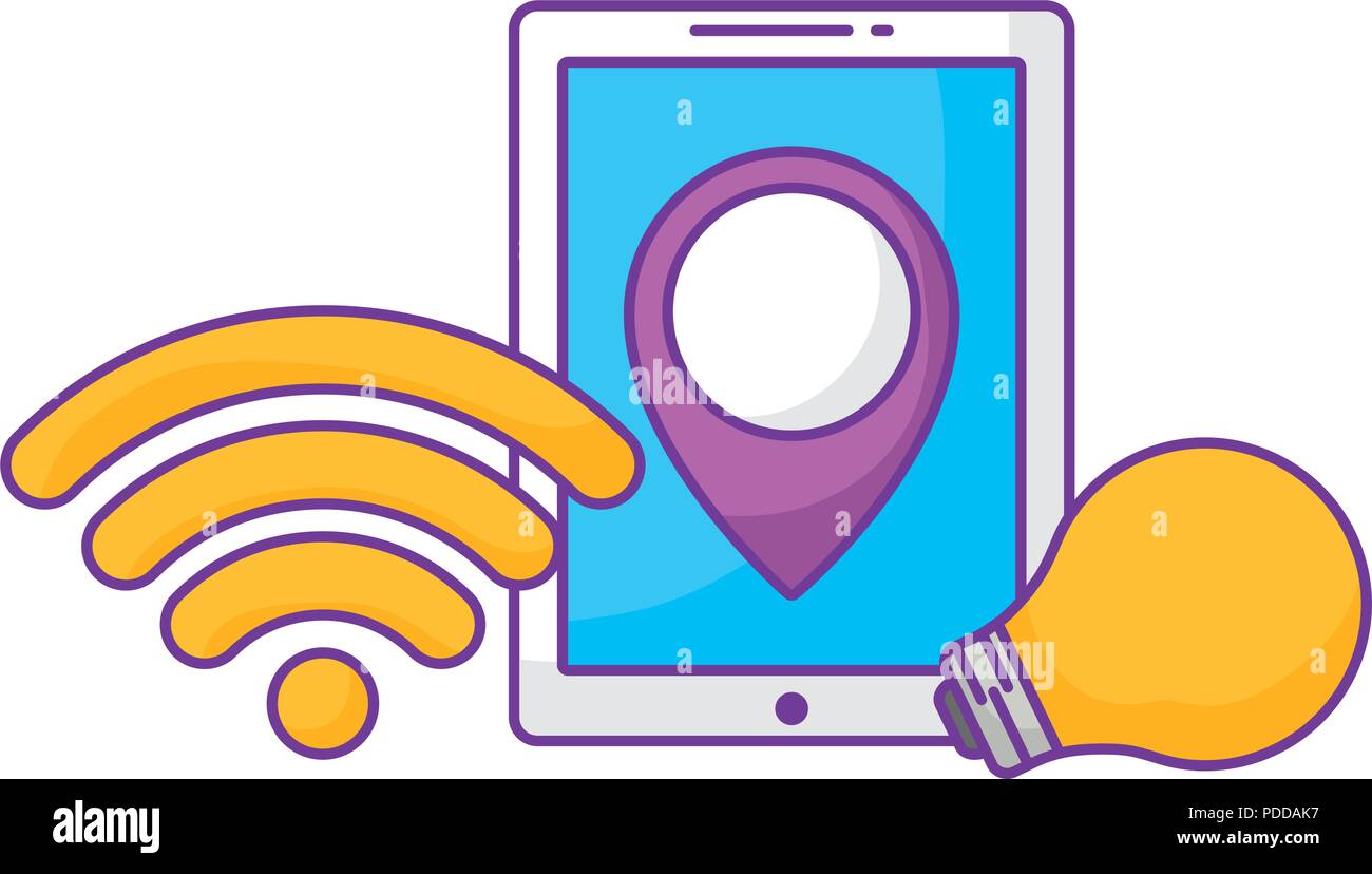 tablet with wifi symbol and bulb light icon over white background ...