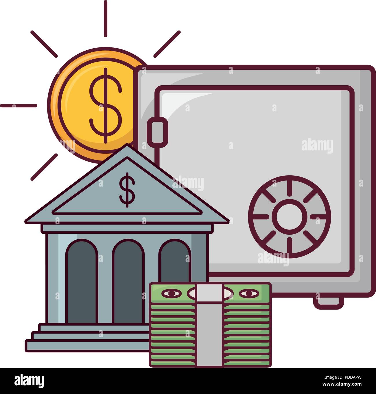 strongbox with bank building and money coin over white background ...