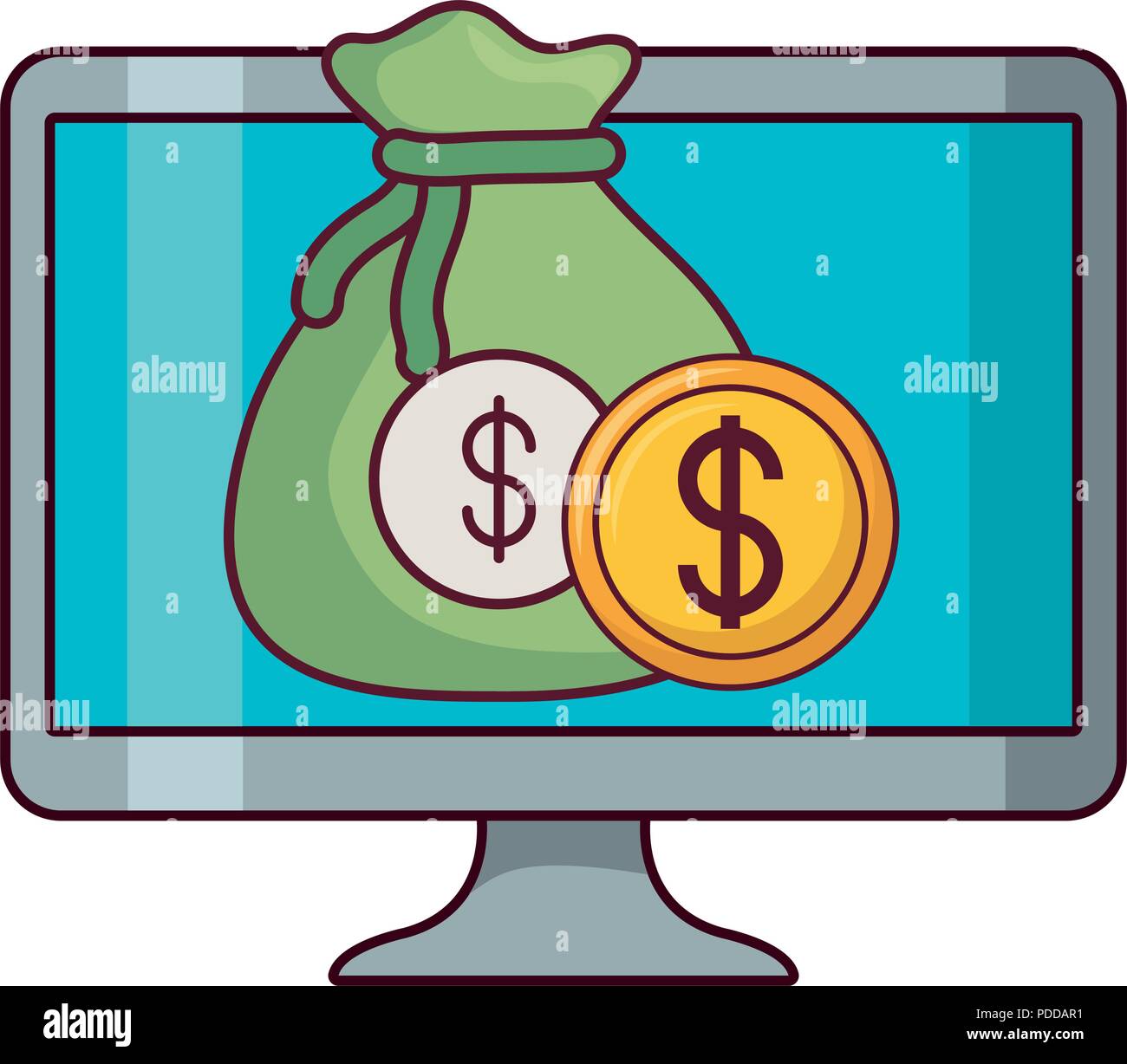computer with money sack and coin over white background, vector ...