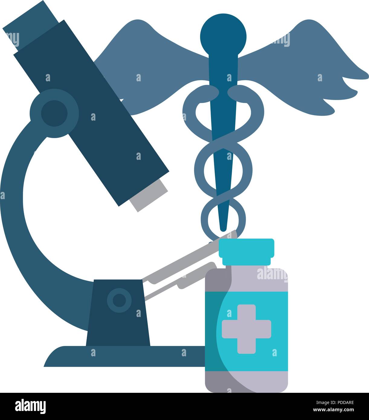 microscope with medical pills bottle and medical symbol over white ...