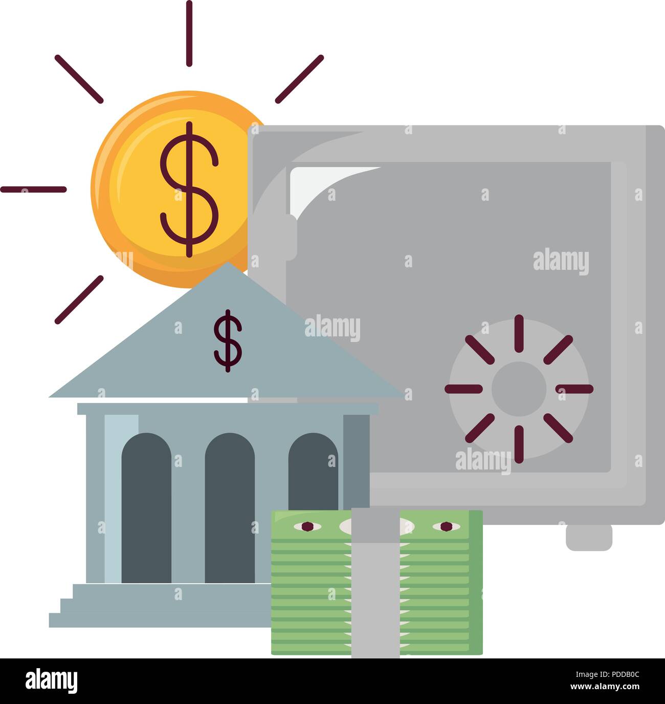 strongbox with bank building and money coin over white background ...