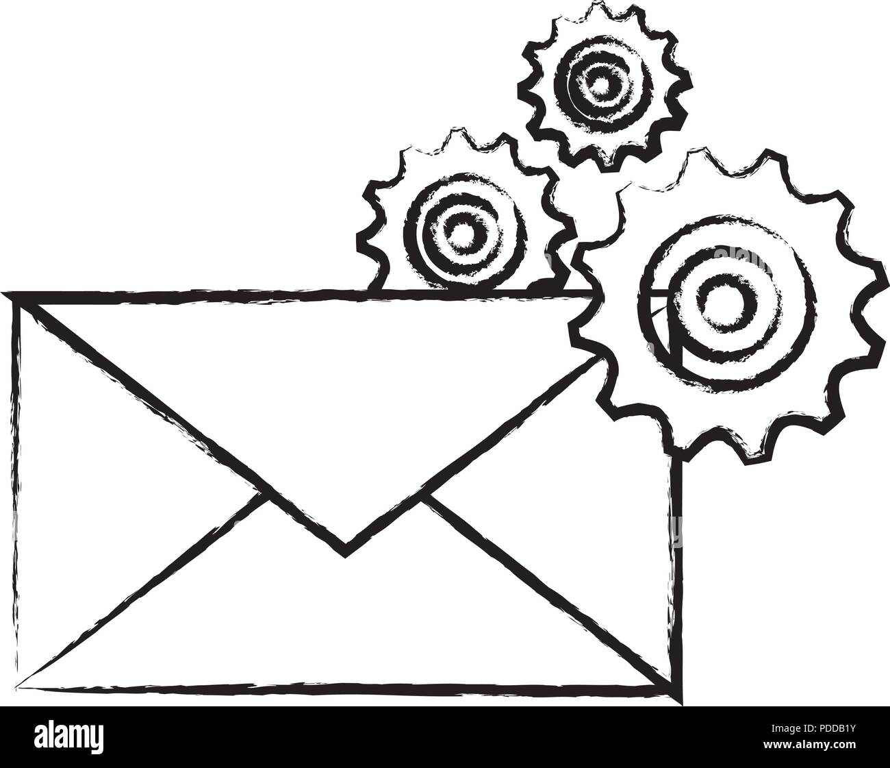envelope and gear wheels over white background, vector illustration ...