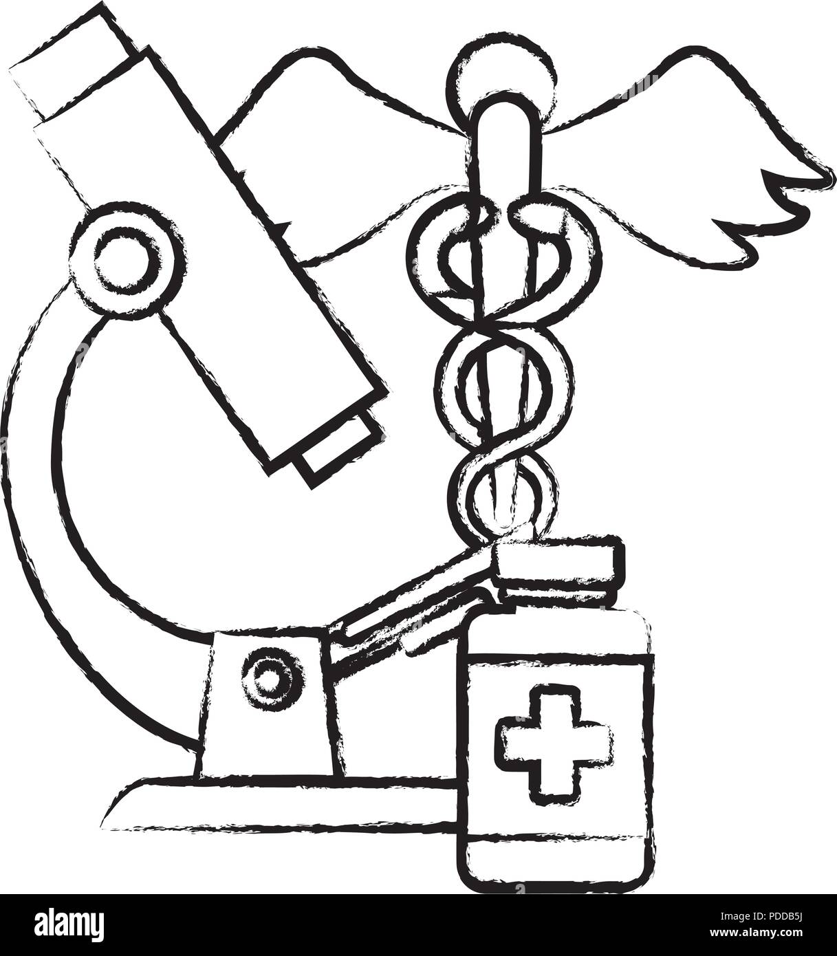 microscope with medical pills bottle and medical symbol over white ...