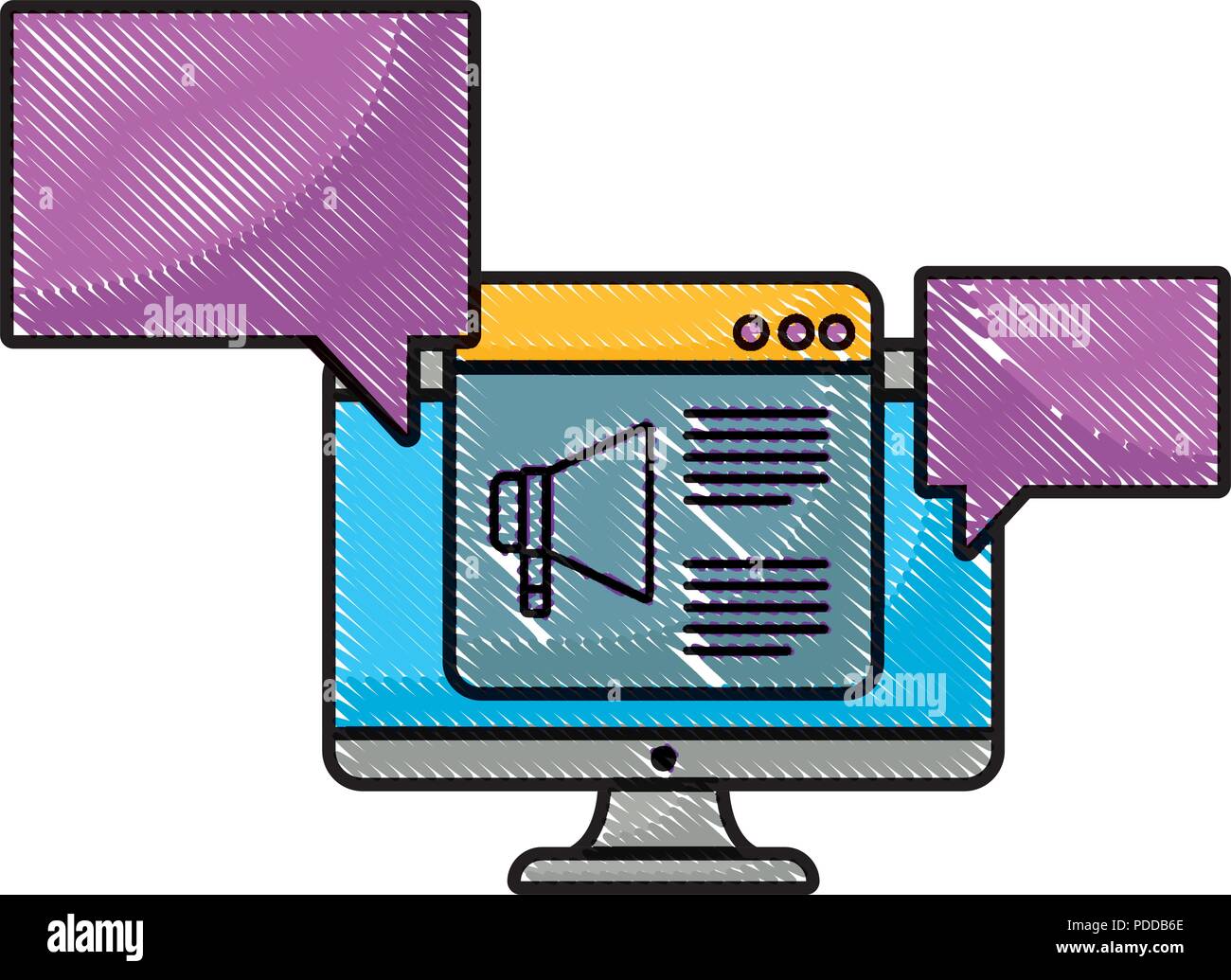 digital marketing design with computer and speech bubbles over white ...