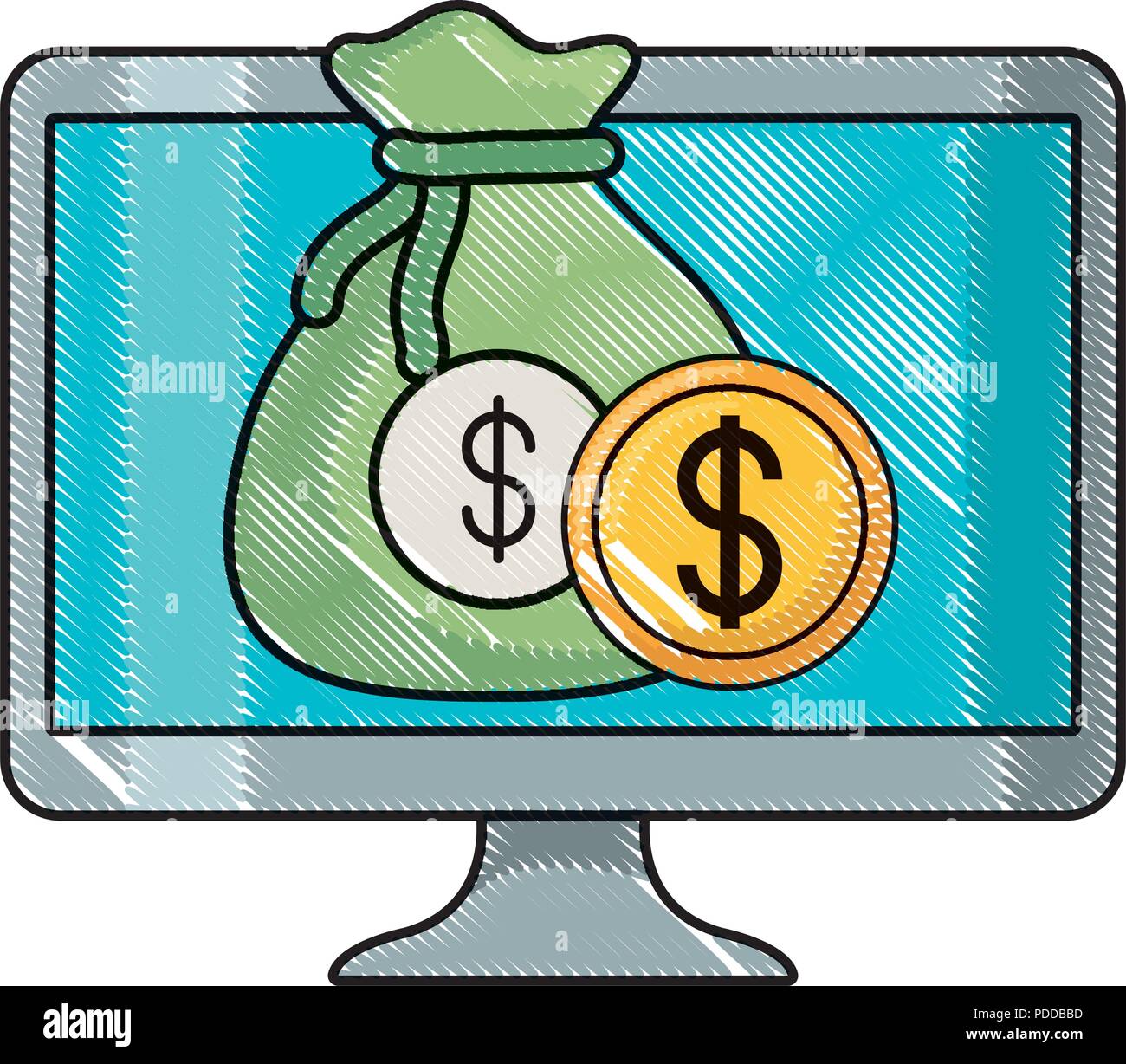 computer with money sack and coin over white background, vector ...