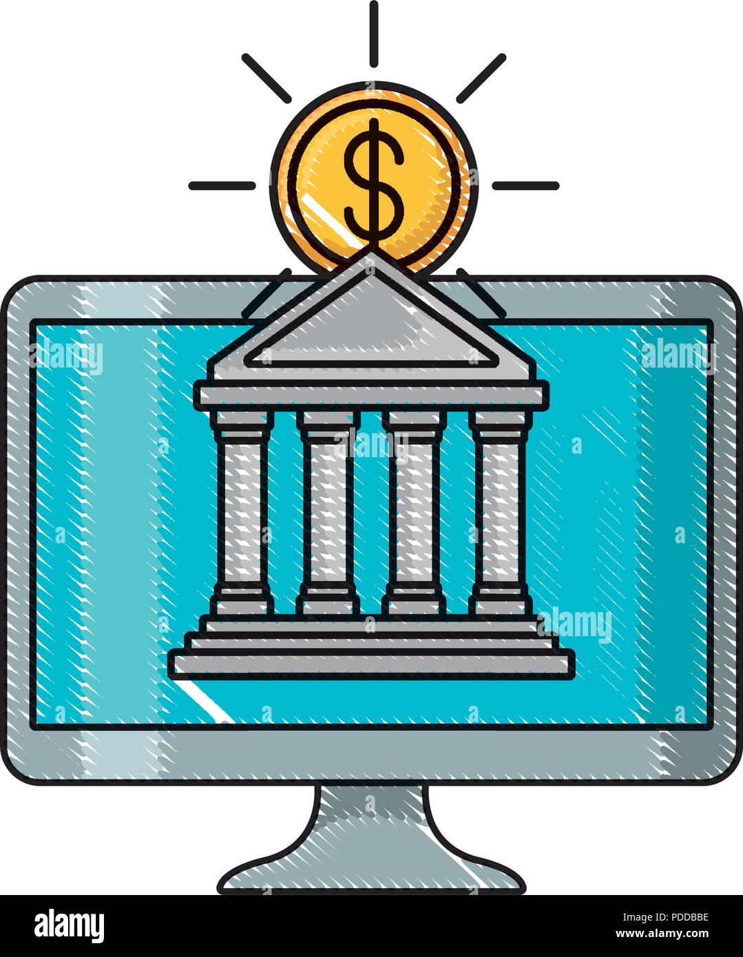 computer with bank building and money coin over white background ...