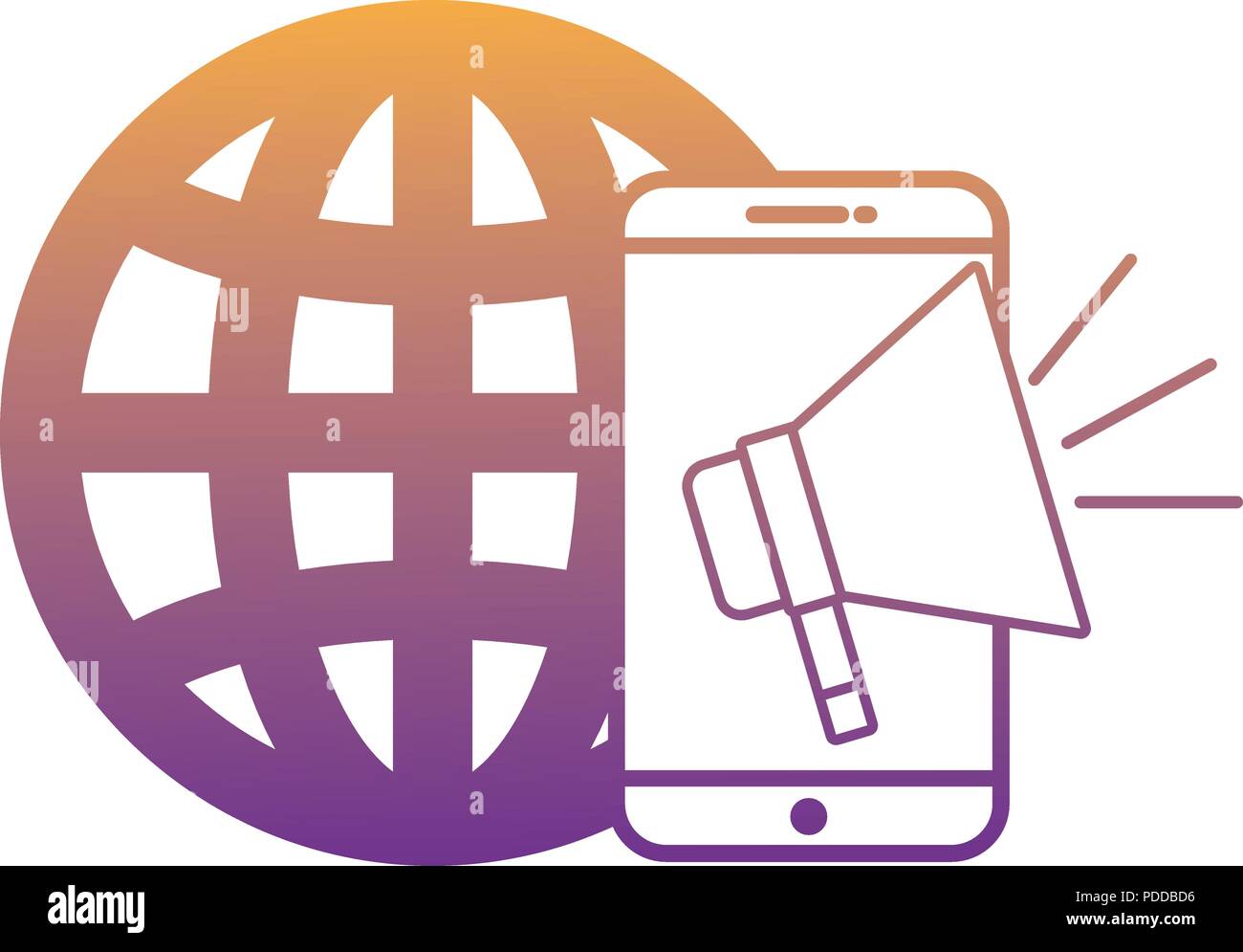 global sphere with cellphone and megaphone over white background ...
