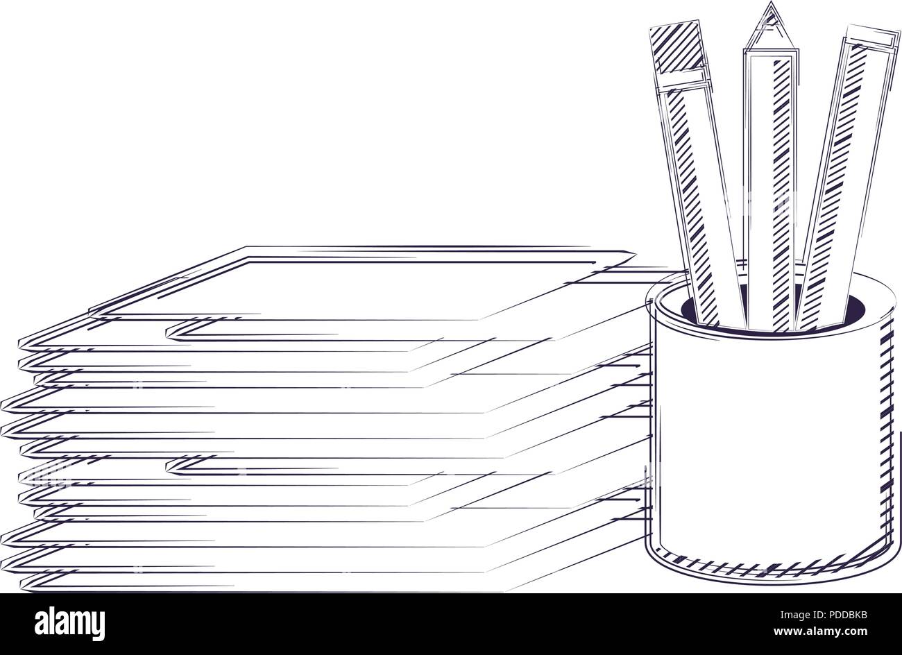 stack of papers and holder cup with pencils over white background ...