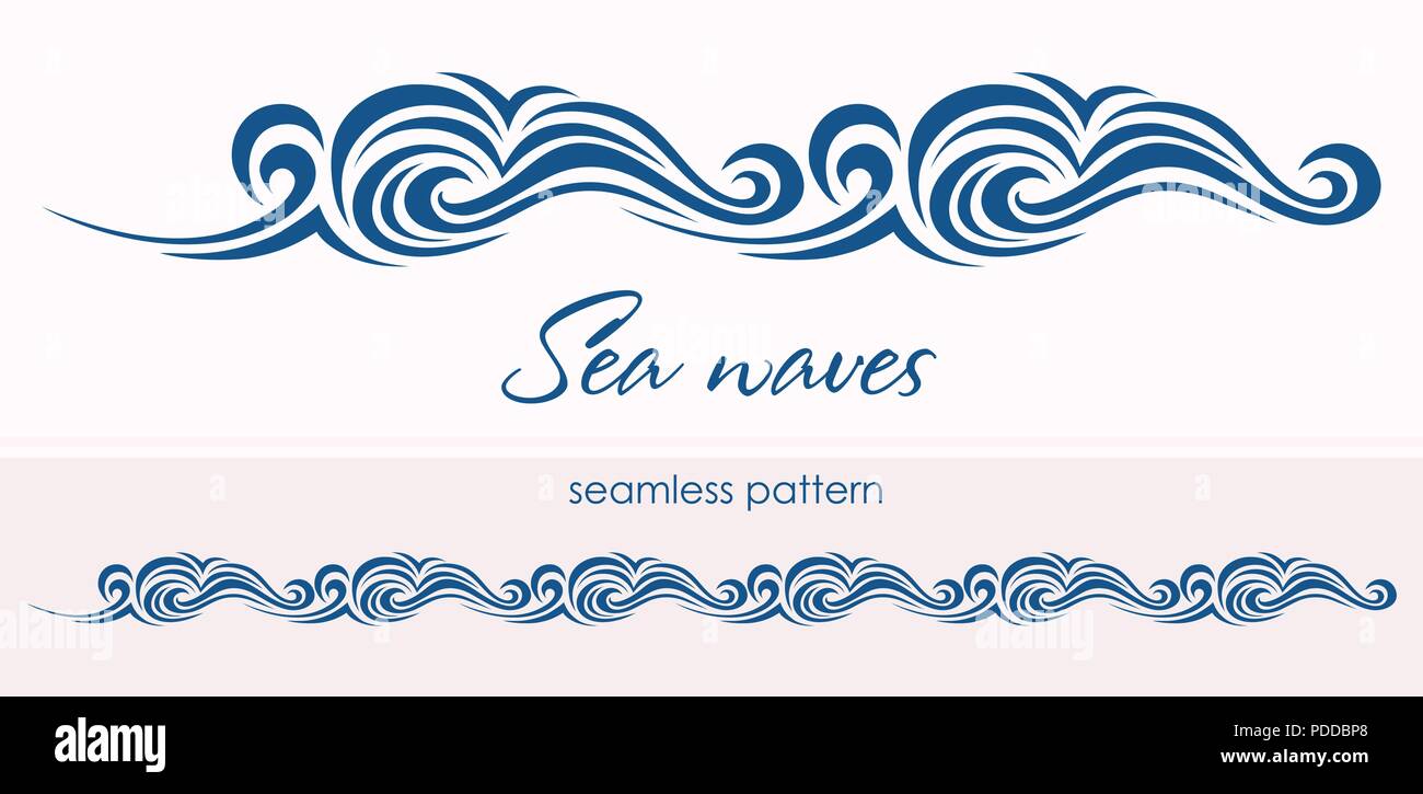 Marine seamless pattern with stylized waves on a light background. Blue ...
