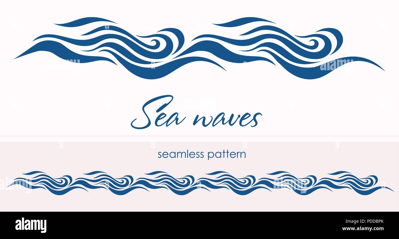 Marine seamless pattern with stylized waves on a light background. Blue ...