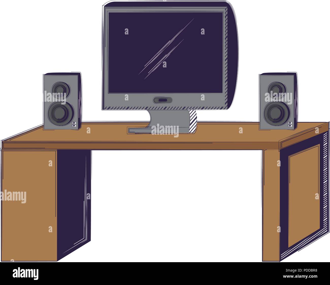 office desk with computer and sound speakers over white background ...
