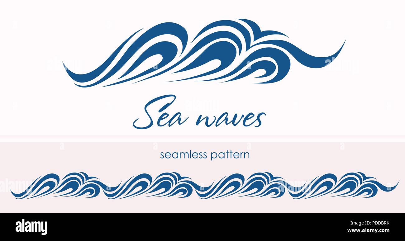 Marine seamless pattern with stylized waves on a light background. Blue ...