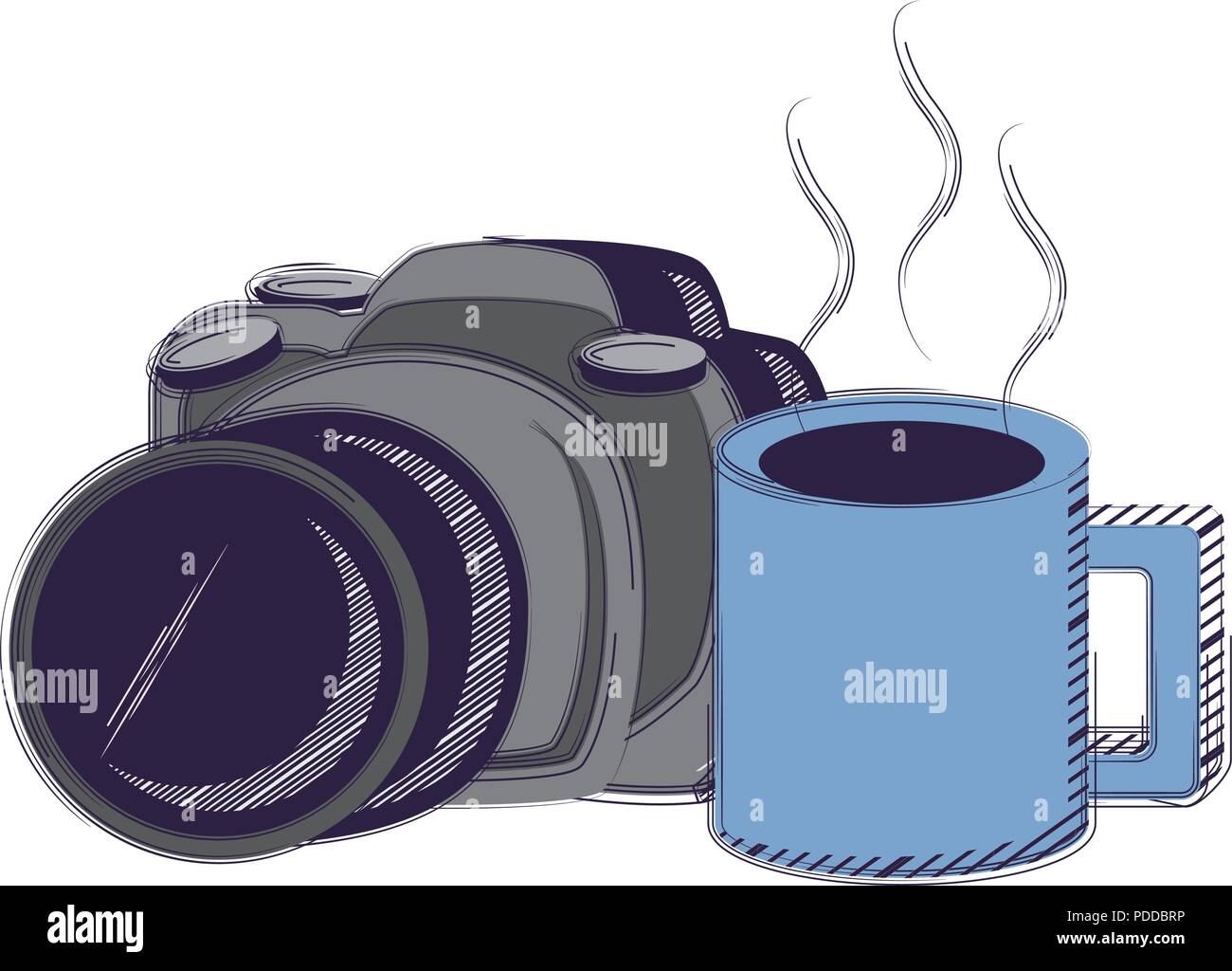 photographic camera and coffee mug over white background, vector ...