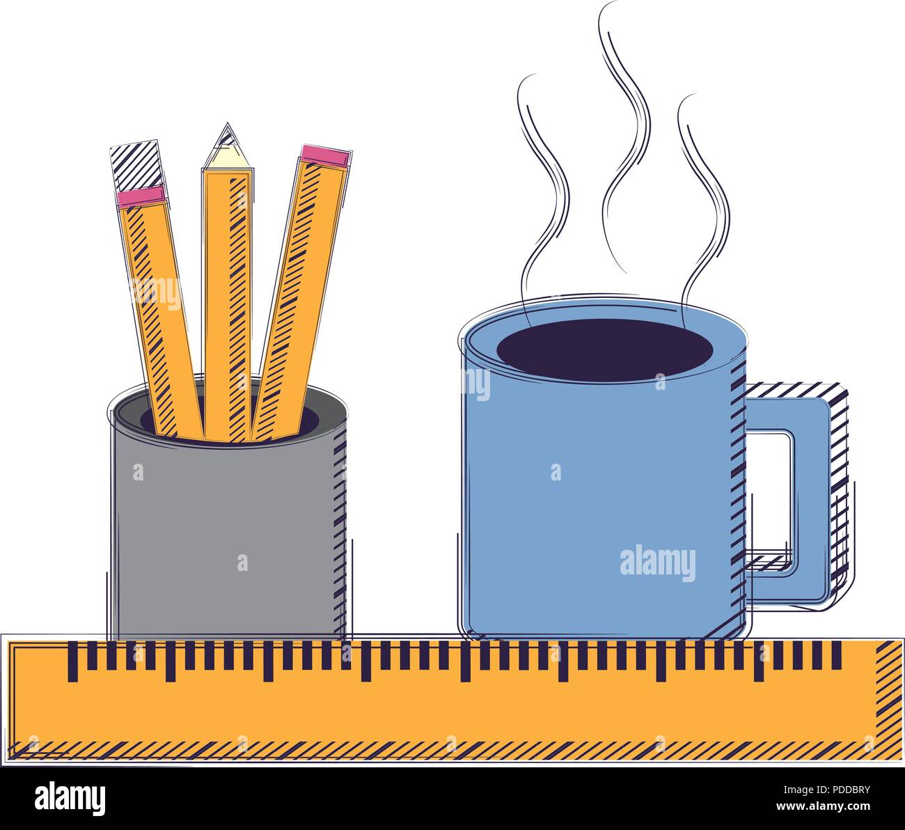 ruler with holder cup with pencils and coffee mug icon over white ...
