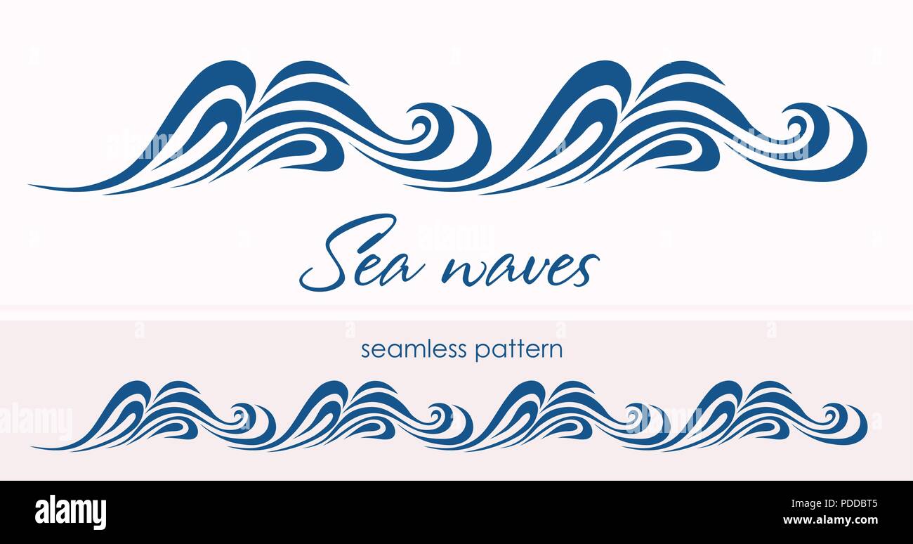 Marine seamless pattern with stylized waves on a light background. Blue ...