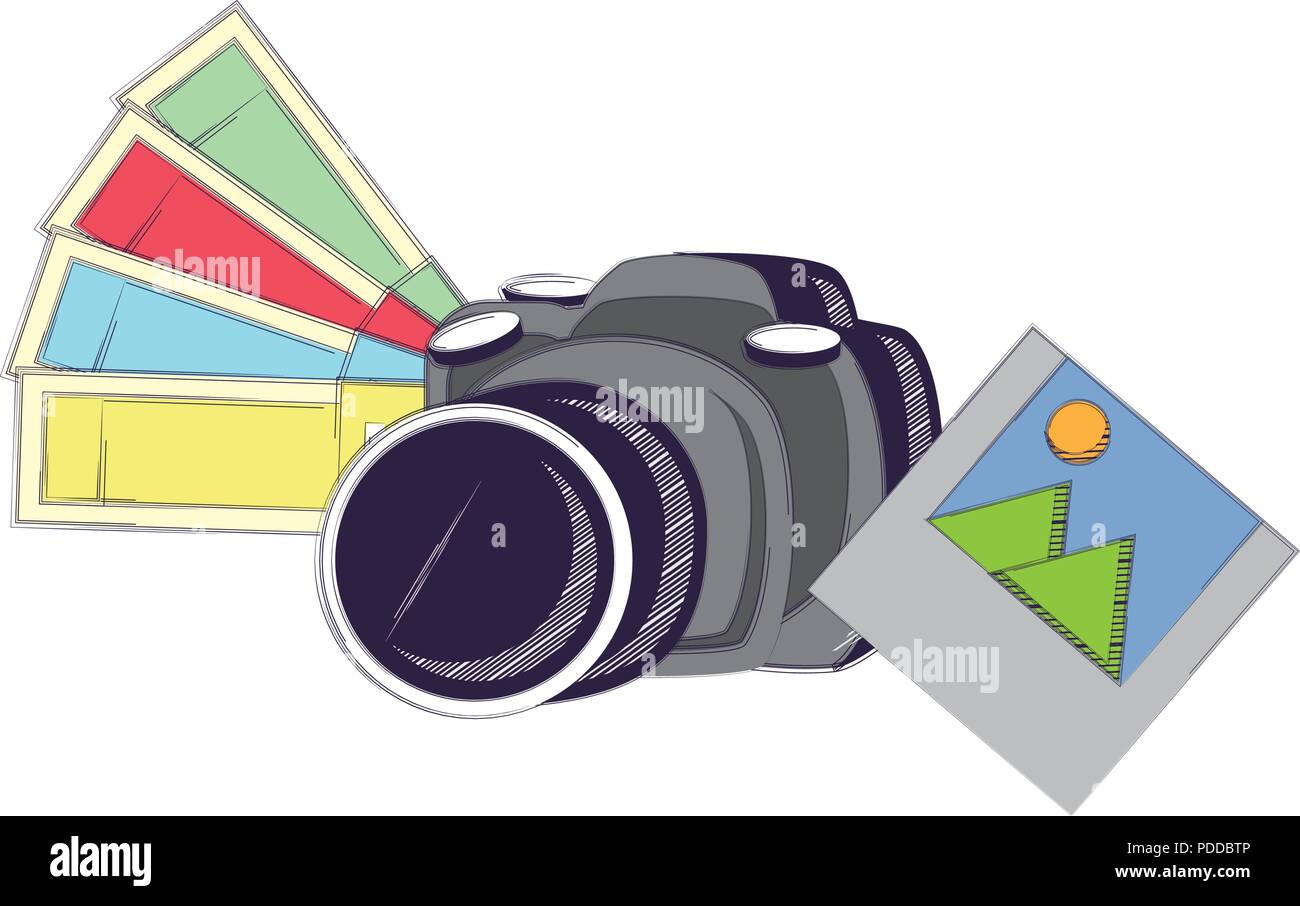 photographic camera with color picker and picture over white background ...