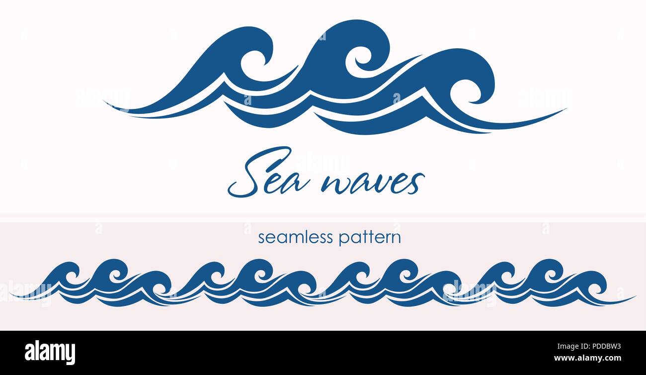 Marine seamless pattern with stylized waves on a light background. Blue ...