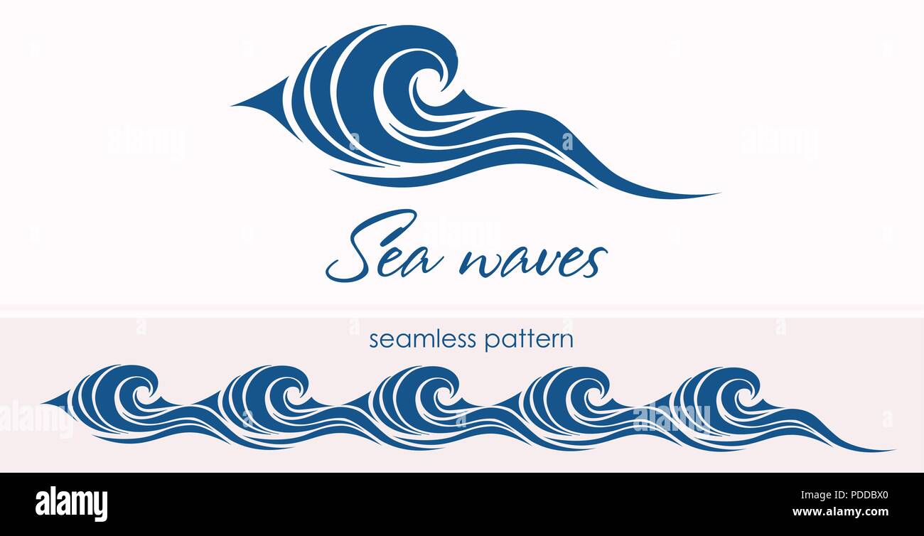 Marine seamless pattern with stylized waves on a light background. Blue ...