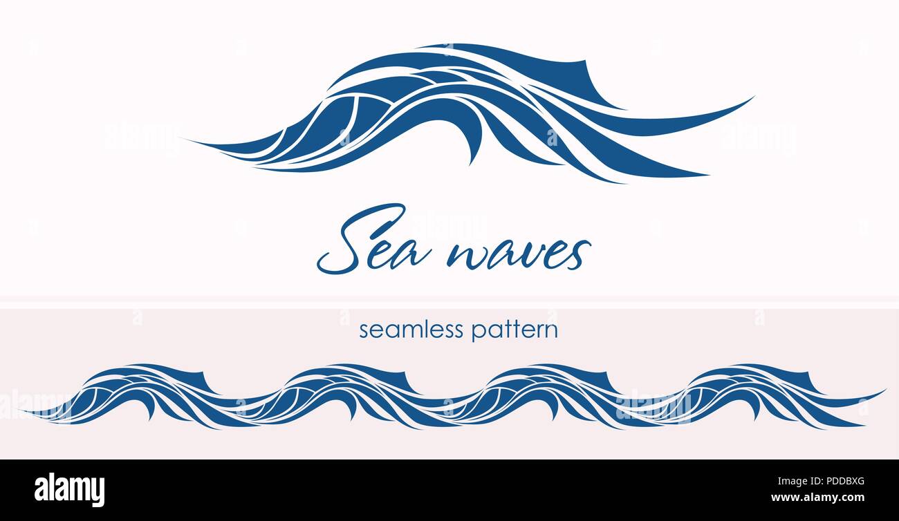 Marine seamless pattern with stylized waves on a light background. Blue ...