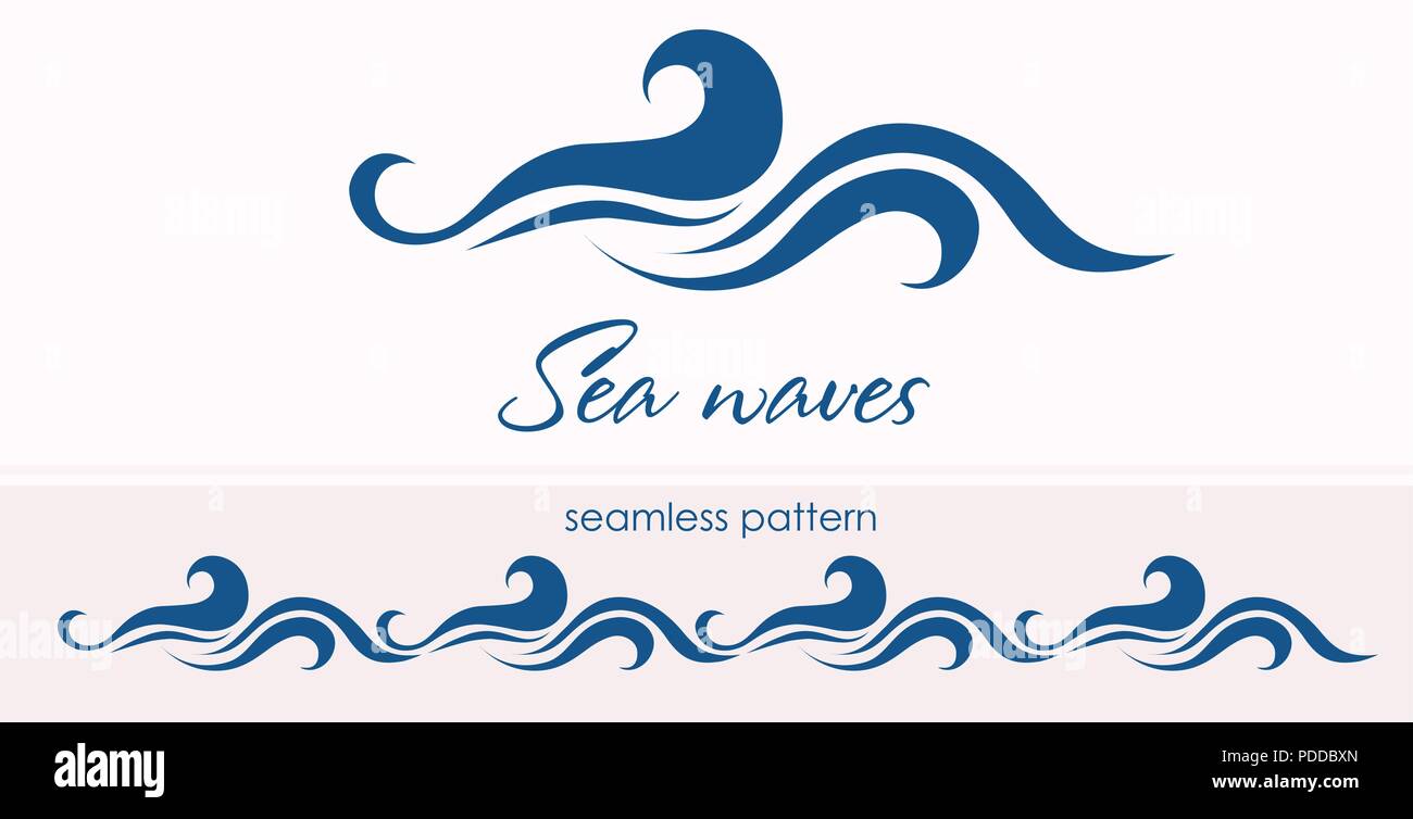 Marine seamless pattern with stylized waves on a light background. Blue ...