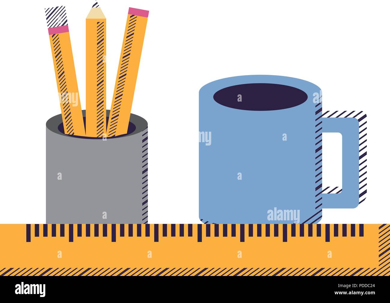 ruler with holder cup with pencils and coffee mug icon over white ...