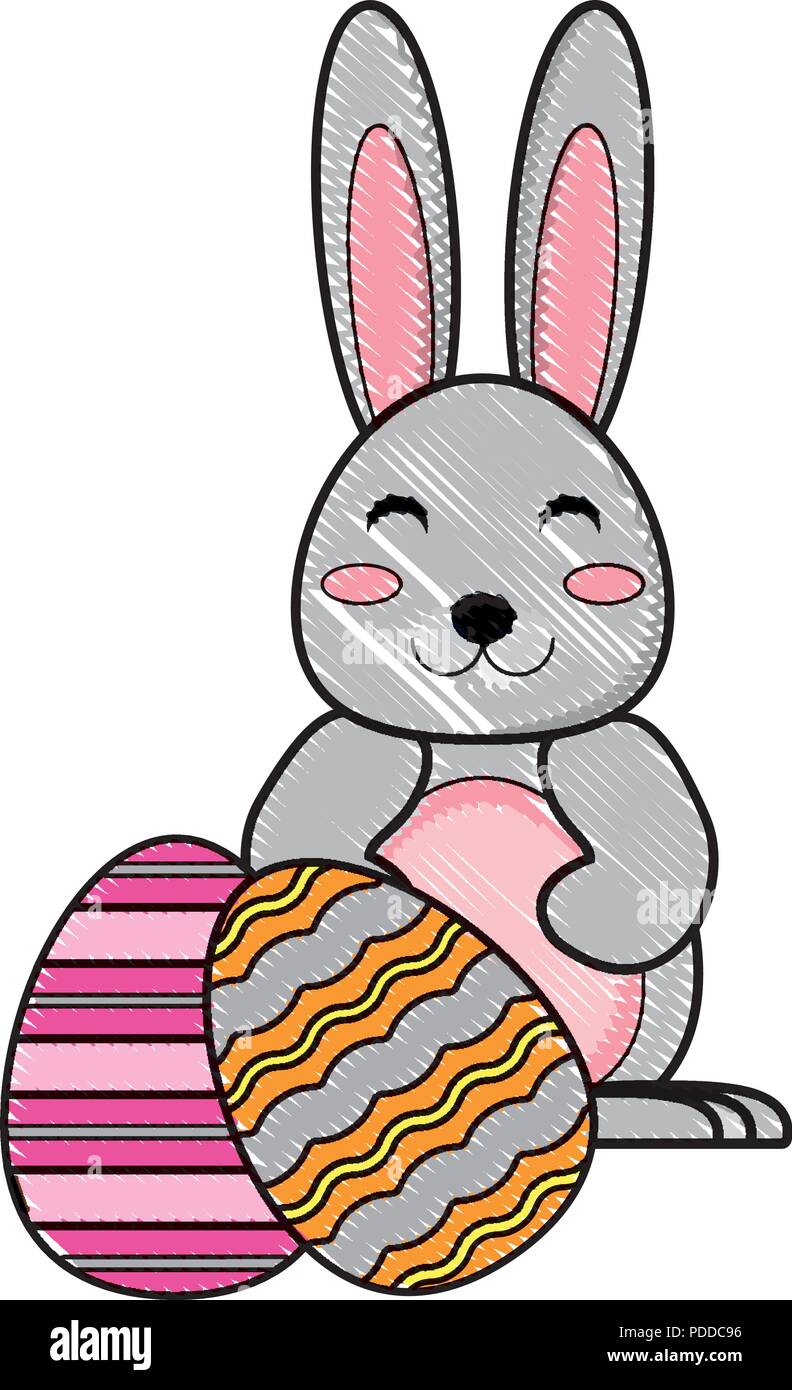 Cute Bunny And Easter Eggs Over White Background Vector Illustration