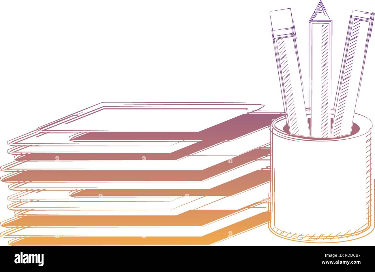 stack of papers and holder cup with pencils over white background ...