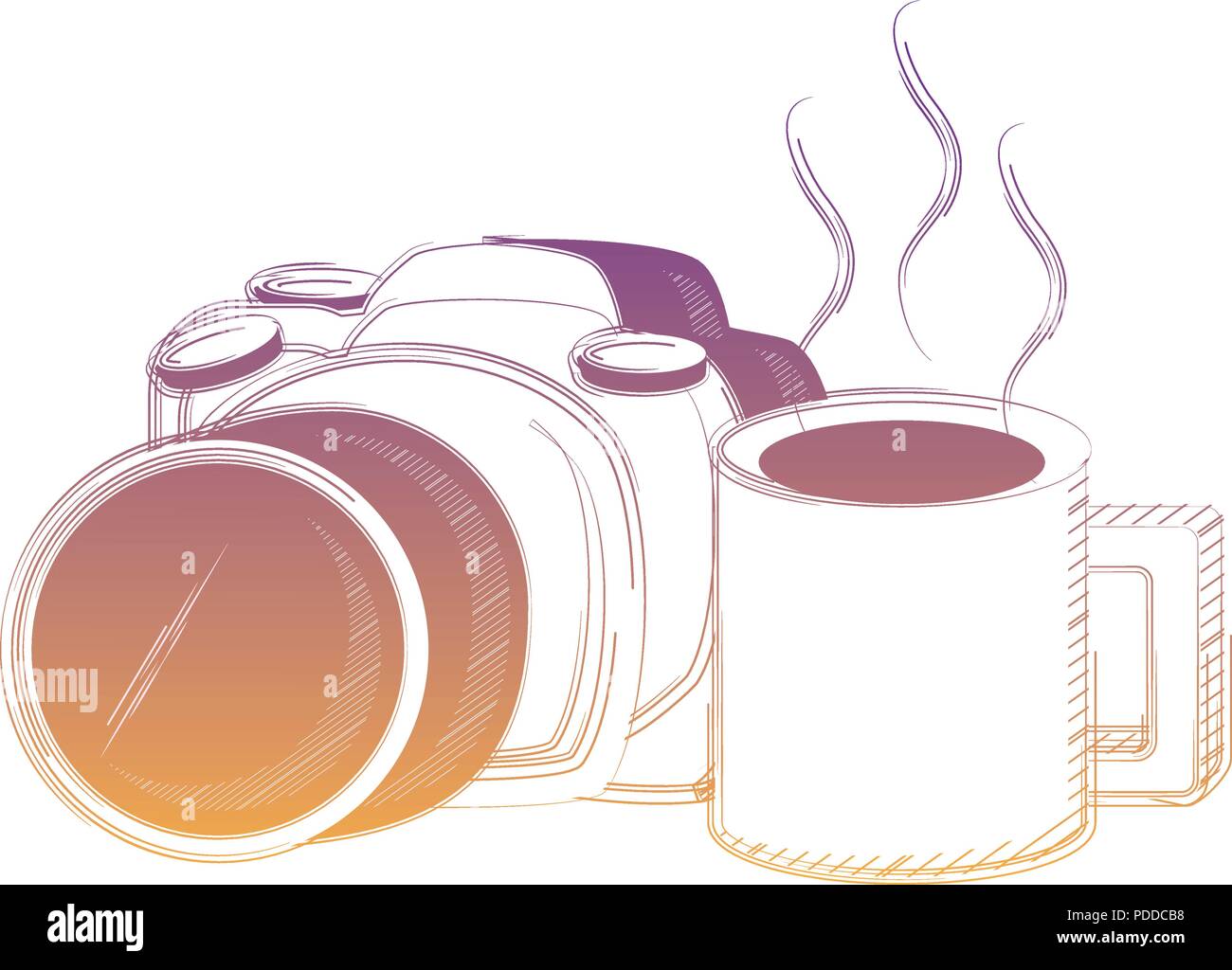 photographic camera and coffee mug over white background, vector ...