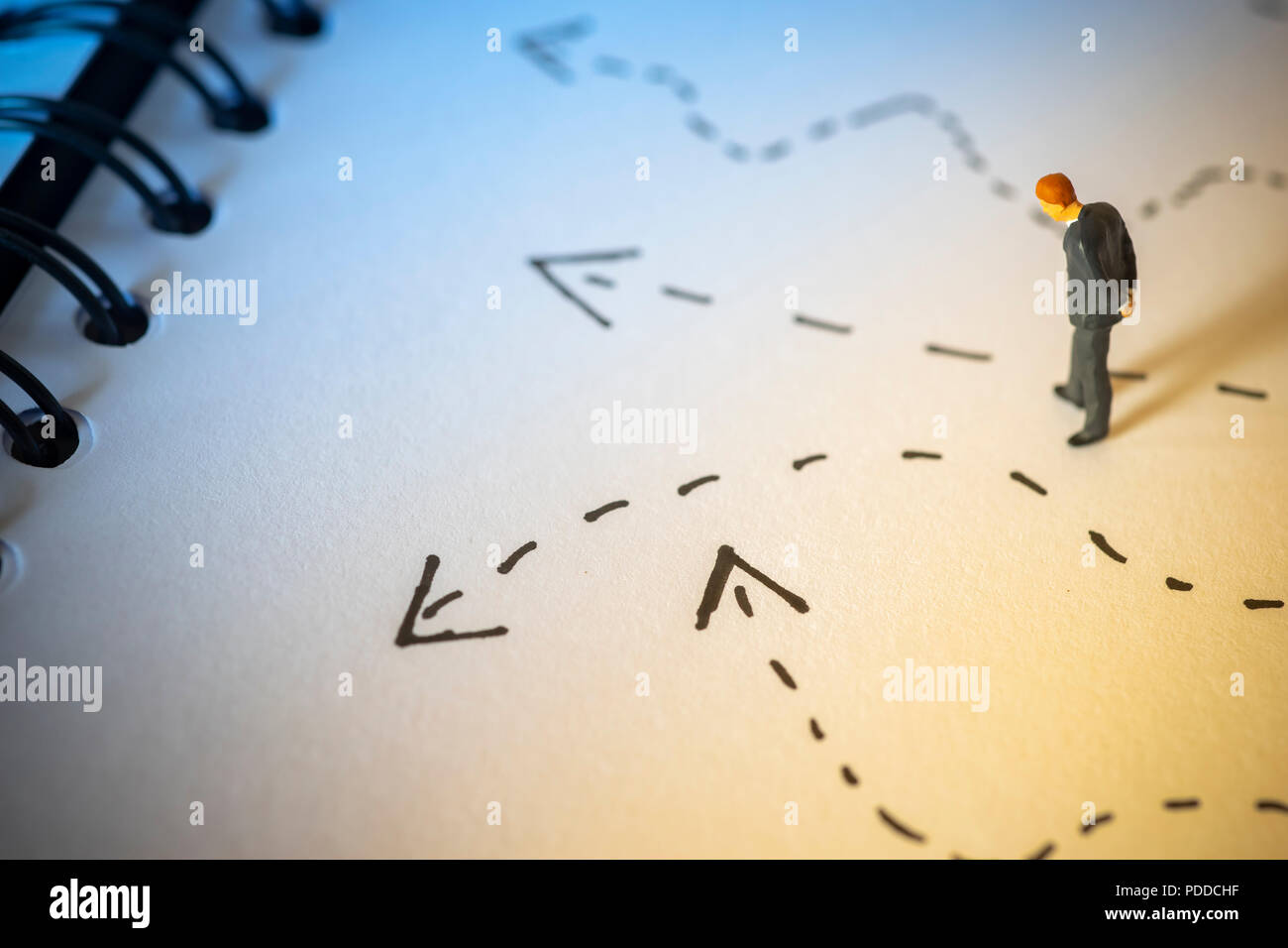 Business decision concept. Businessman thinking with many arrow path ...