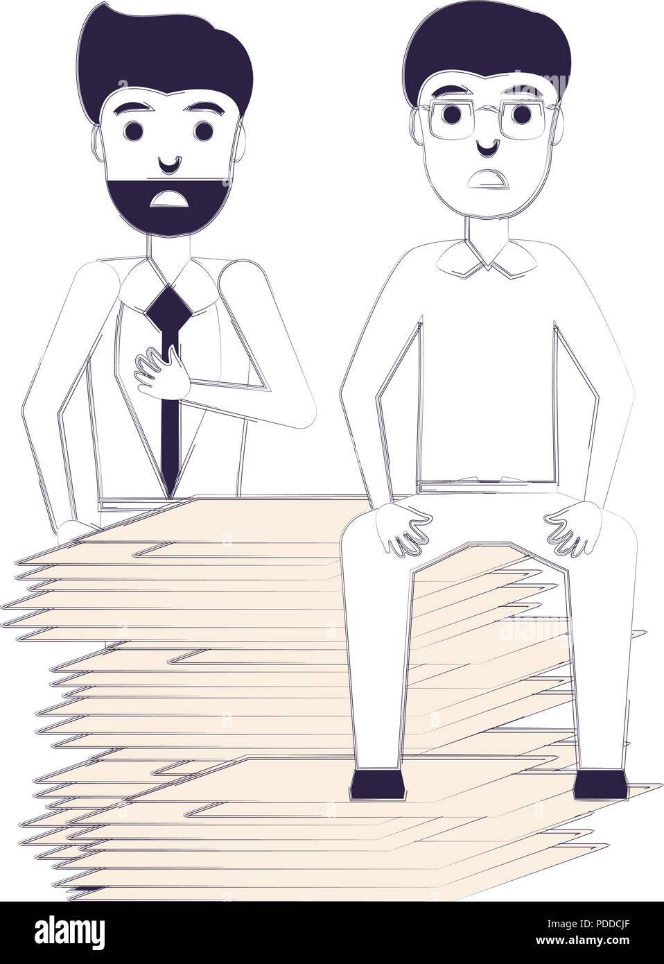cartoon businessman and man sitting on stack of papers over white ...