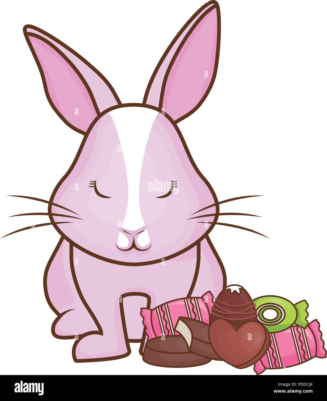 cute rabbits with candies over white background, vector illustration ...
