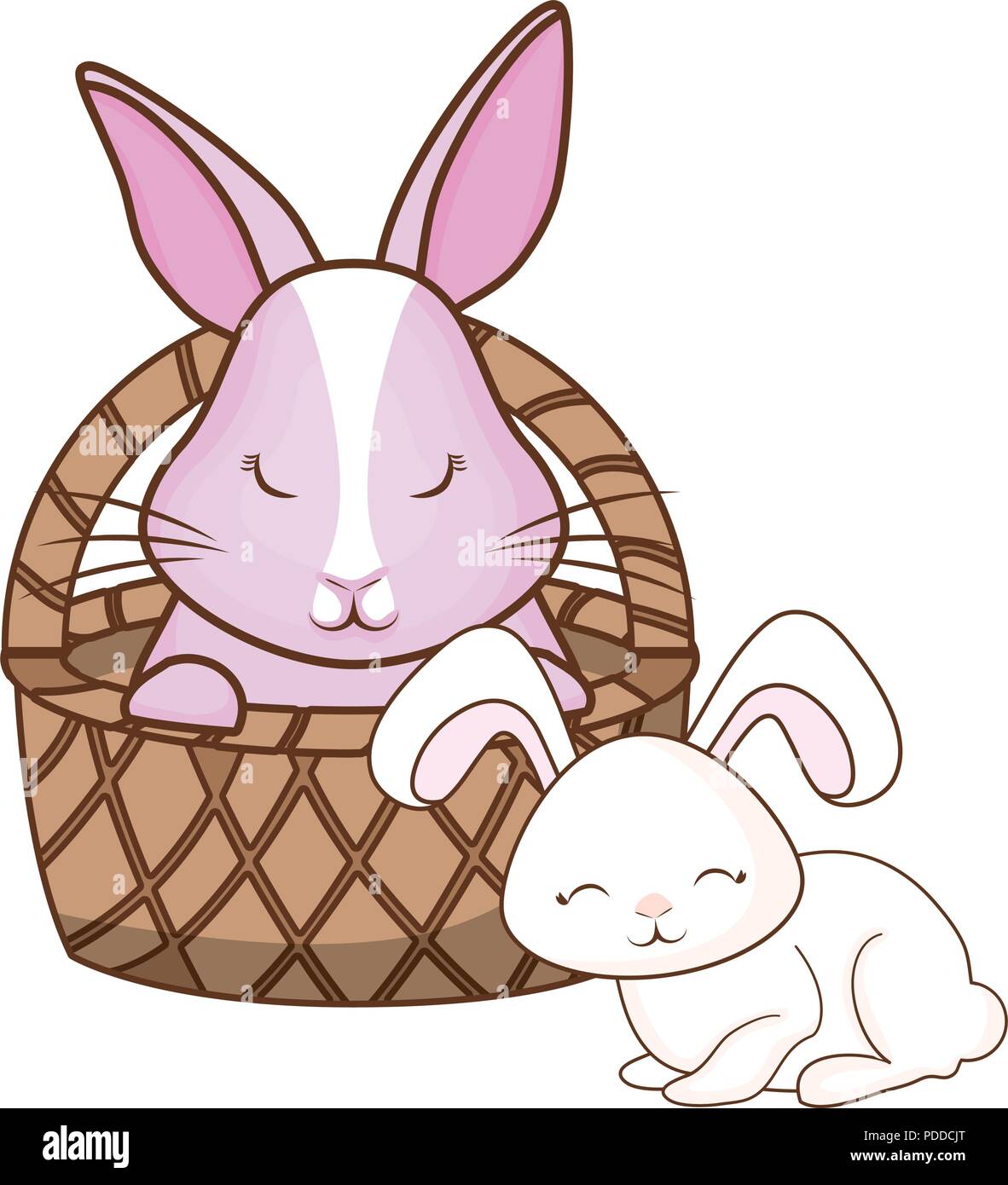 basket with cute rabbits over white background, vector illustration ...